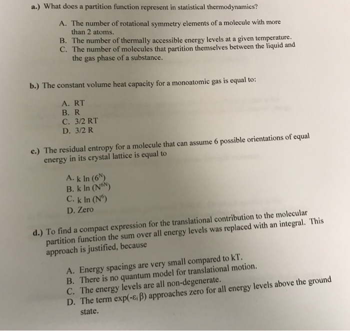 Solved a.) What does a partition function represent in | Chegg.com