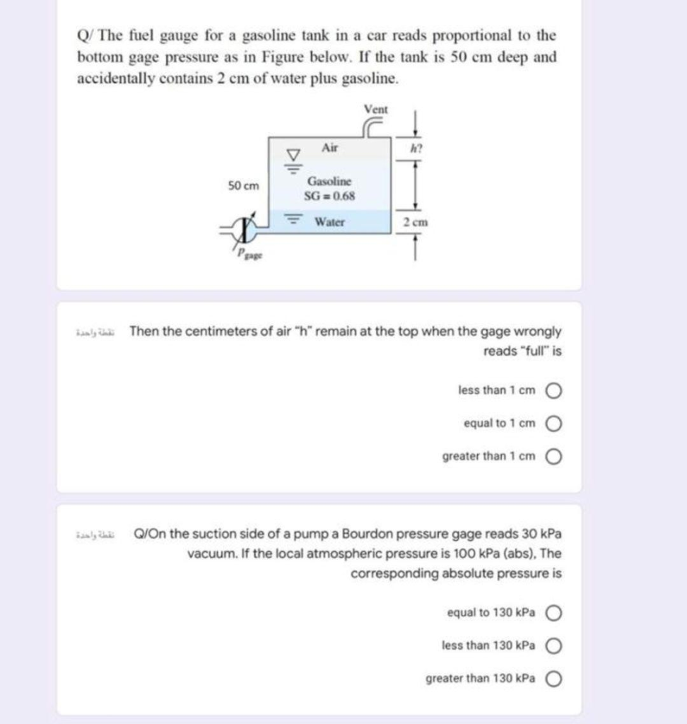 Solved Q/The fuel gauge for a gasoline tank in a car reads | Chegg.com