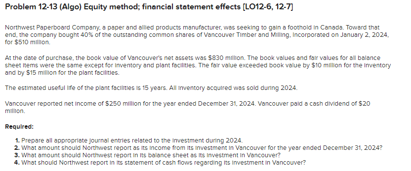 Solved Problem 12-13 (Algo) Equity method; financial | Chegg.com
