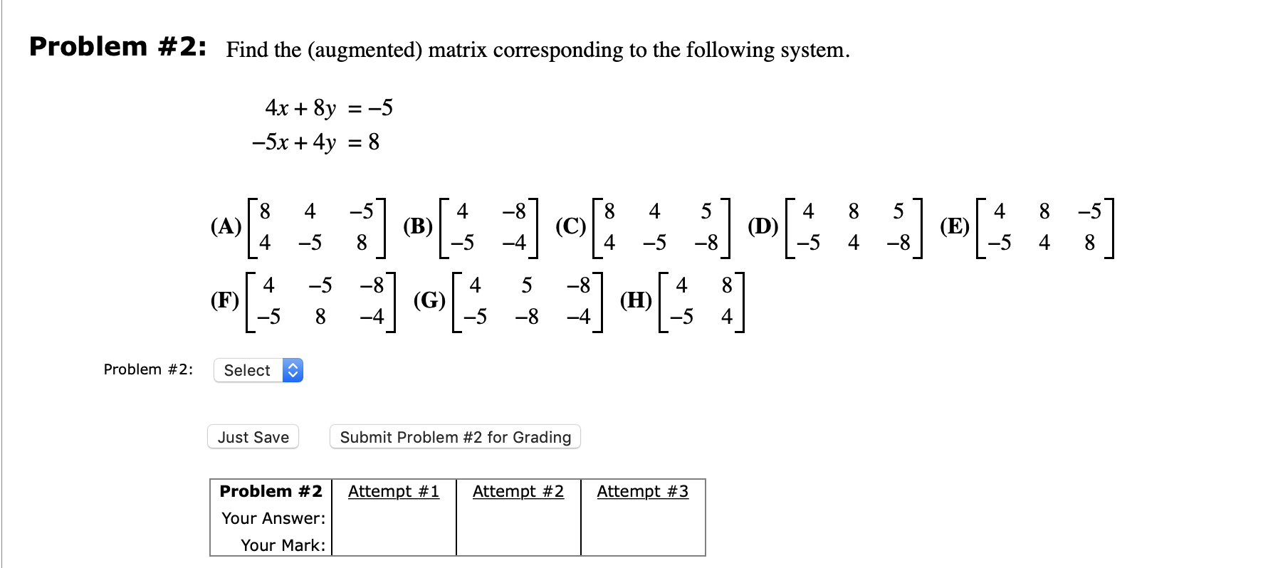 Solved Problem #2: Find the (augmented) matrix corresponding | Chegg.com