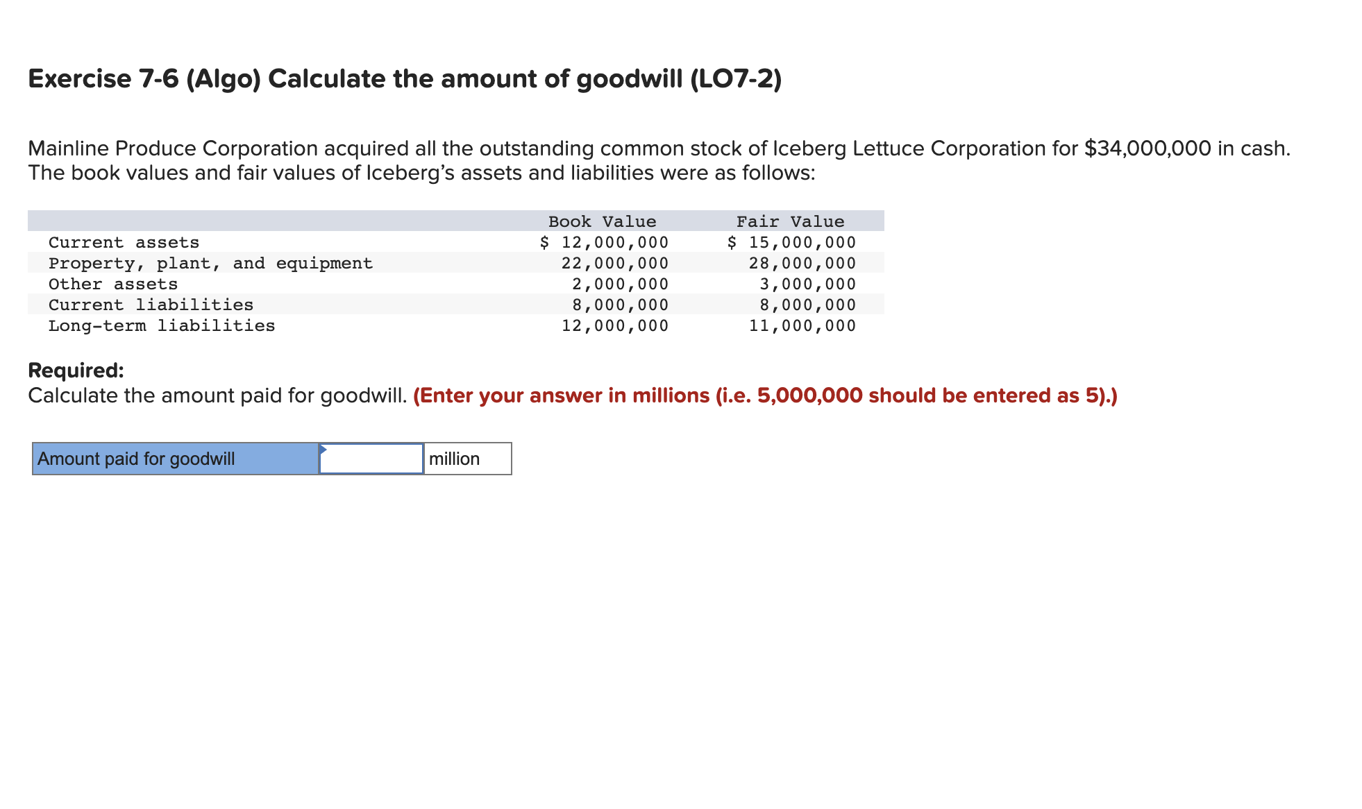 Solved Exercise 7-6 (Algo) Calculate the amount of goodwill | Chegg.com