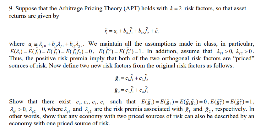 Solved 9. Suppose that the Arbitrage Pricing Theory (APT) | Chegg.com