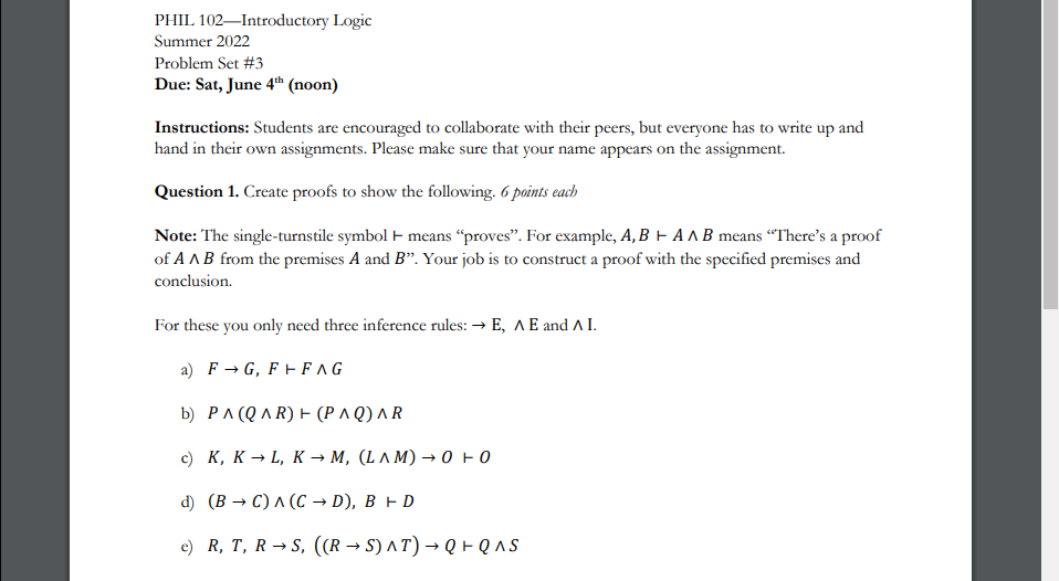 PHIL 102-Introductory Logic Summer 2022 Problem Set | Chegg.com