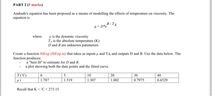 Solved PART 2 (5 marks) Andrade's equation has been proposed | Chegg.com