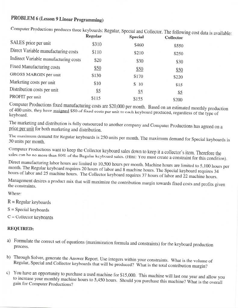 PROBLEM 6 (Lesson 9 Linear Programming) Computer | Chegg.com