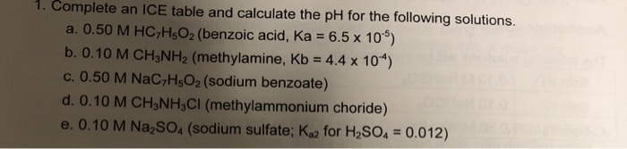 Solved 1. Complete an ICE table and calculate the pH for the | Chegg.com