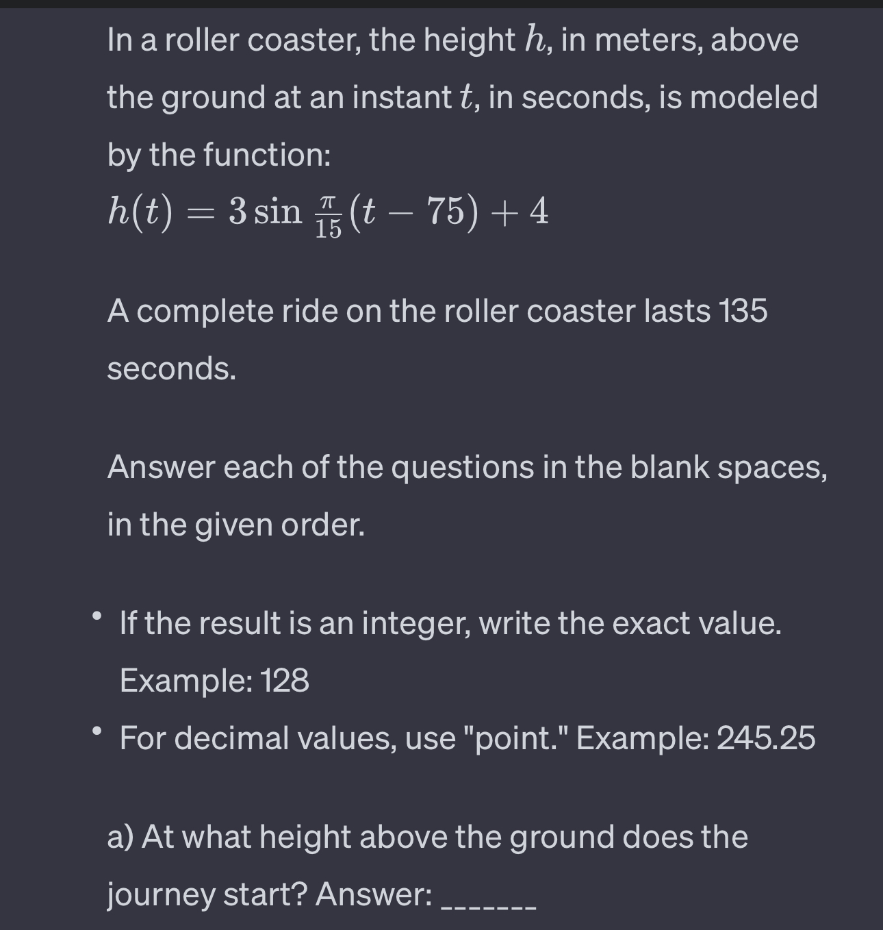 Solved In a roller coaster, the height h, ﻿in meters, | Chegg.com
