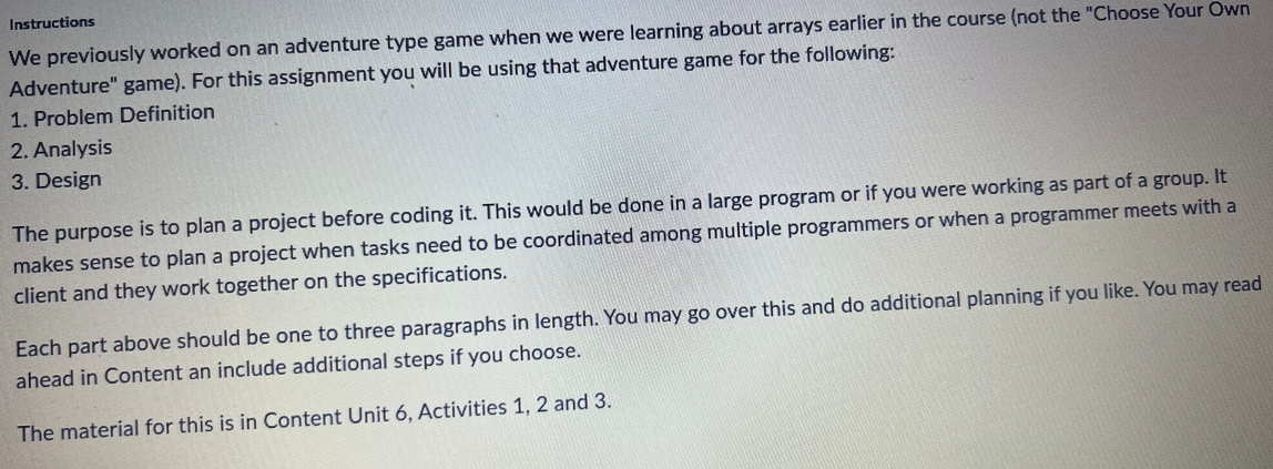 Solved Instructions We previously worked on an adventure | Chegg.com