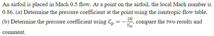 Solved An airfoil is placed in Mach 0.5 flow. At a point on | Chegg.com