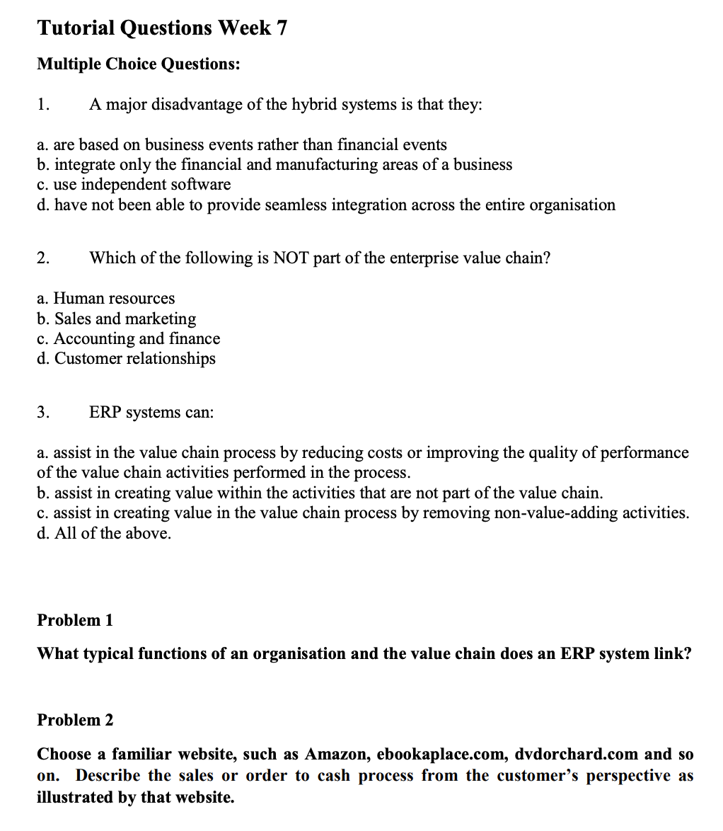 Tutorial Questions Week 7 Multiple Choice Questions: | Chegg.com