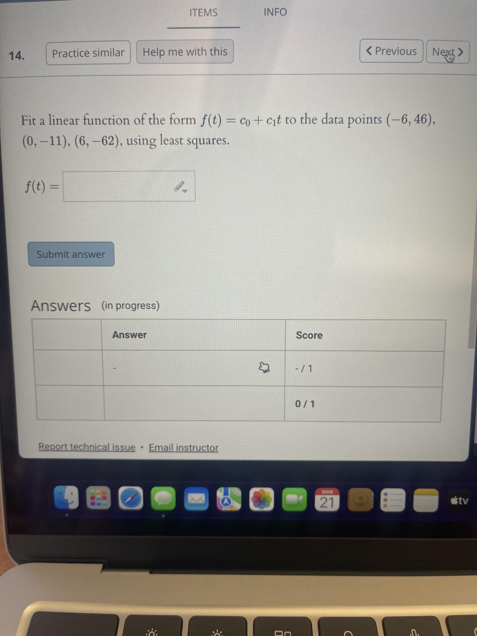 Solved Fit a linear function of the form f(t)=c0+c1t to the | Chegg.com