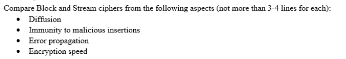 Solved Compare Block and Stream ciphers from the following | Chegg.com