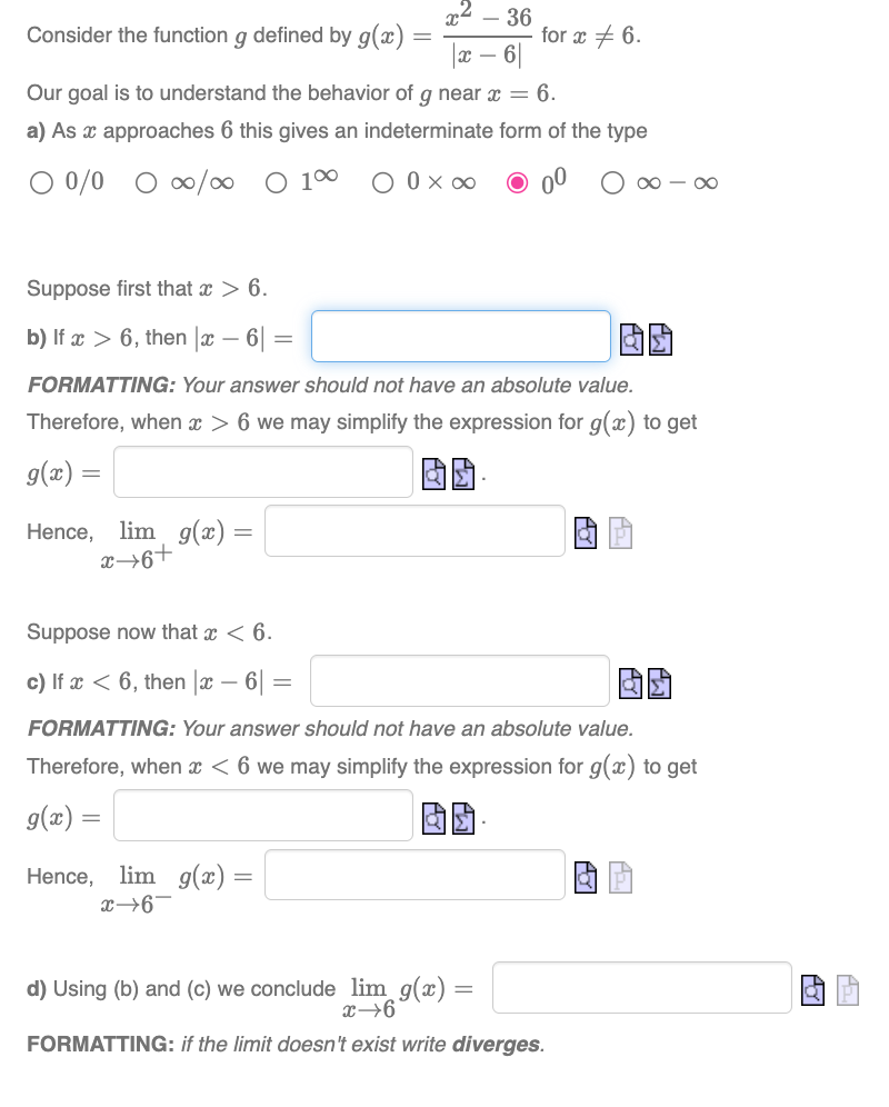 Solved Consider the function g defined by g(x)=∣x−6∣x2−36 | Chegg.com