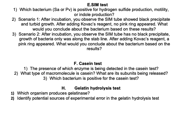 Solved E.SIM test 1) Which bacterium (Sa or Pv) is positive | Chegg.com