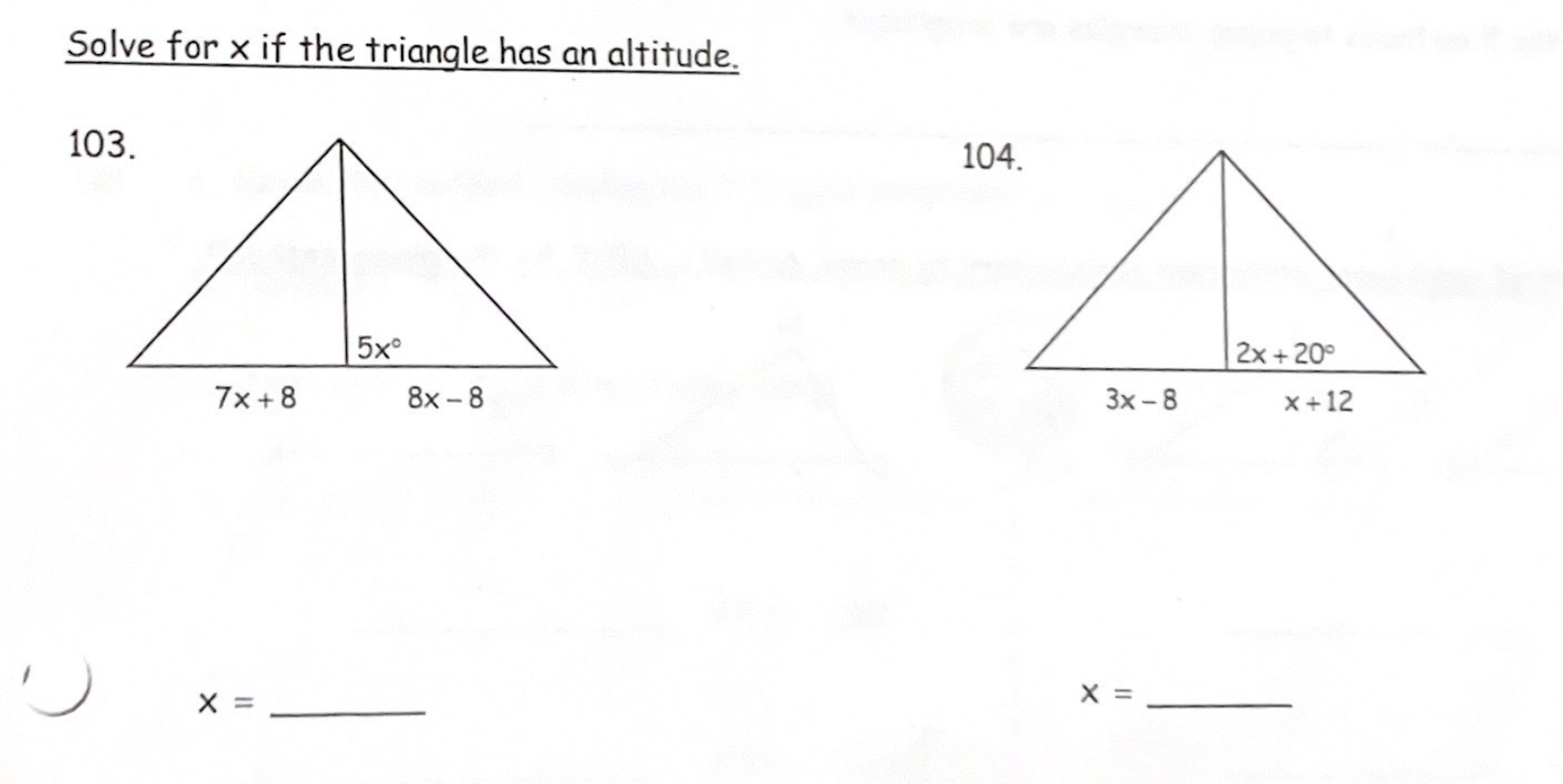 Solved Solve for x if the triangle has an altitude. 11 x= | Chegg.com