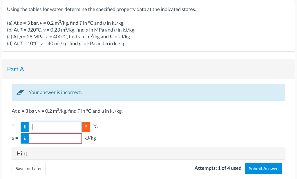 Solved Using the tables for water, determine the specified | Chegg.com