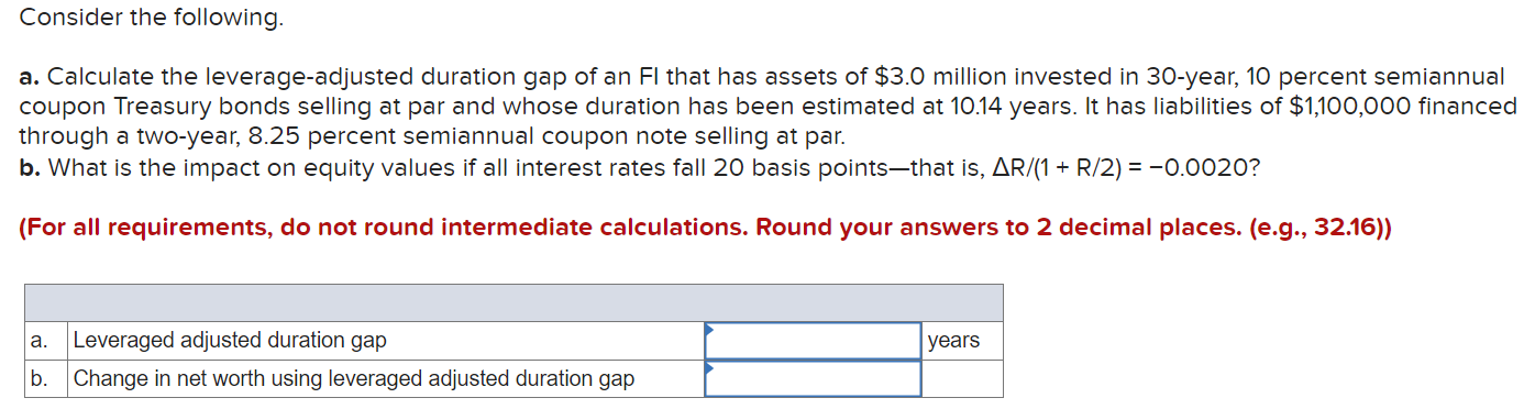 a. Calculate the leverage-adjusted duration gap of an | Chegg.com