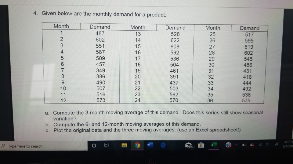 Solved 4. Given below are the monthly demand for a product. | Chegg.com