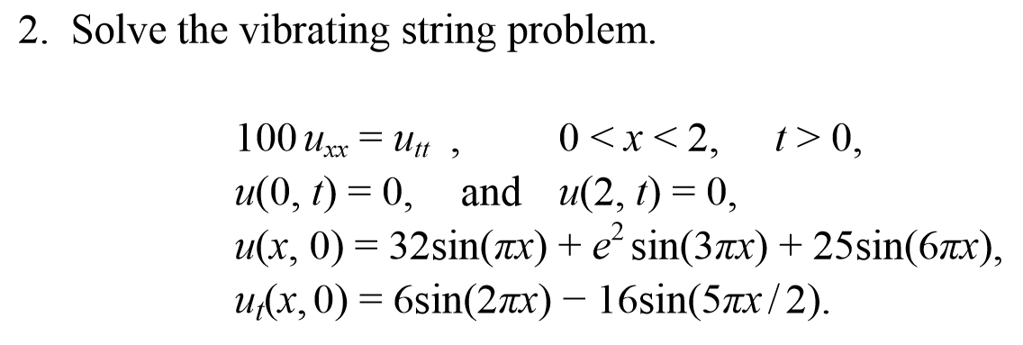 Solved 2. Solve the vibrating string problem. 100 Uxx = Utt, | Chegg.com