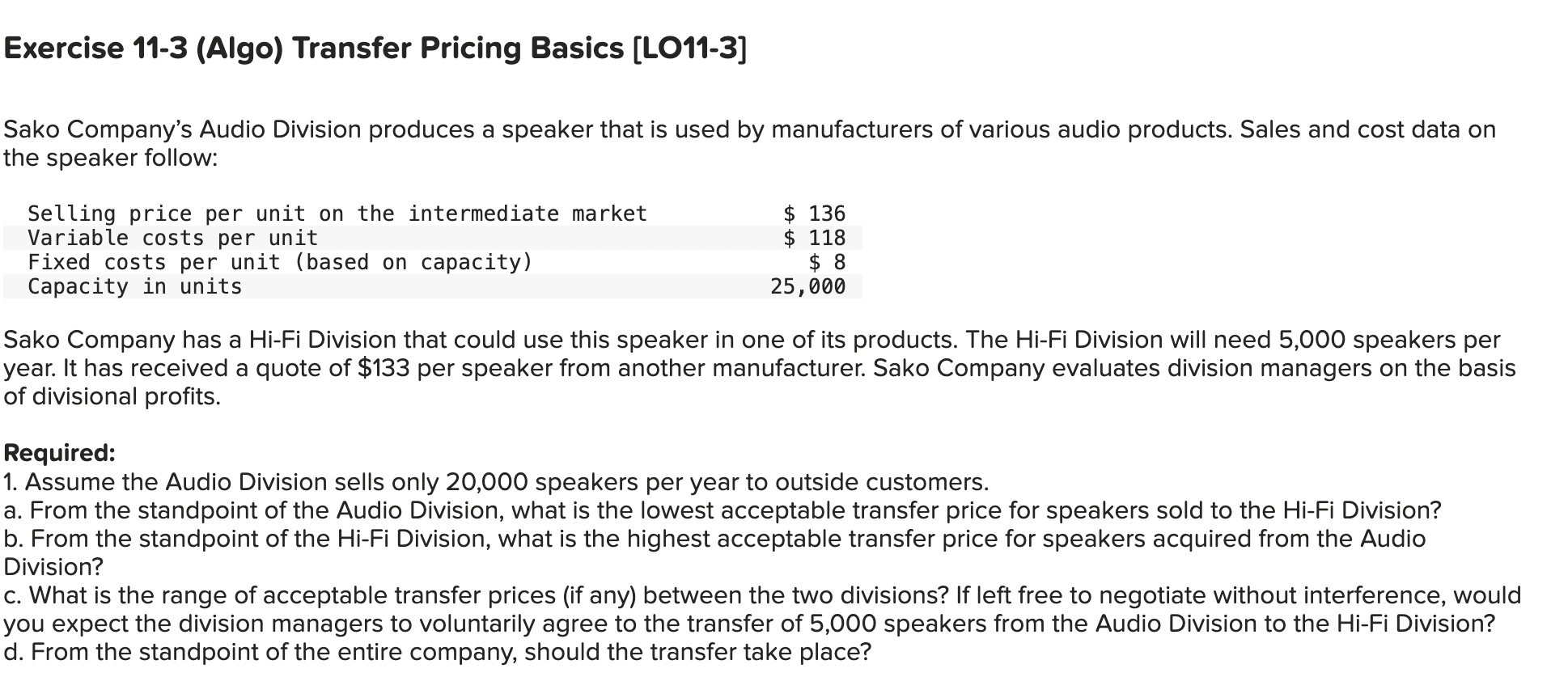 Solved Exercise 11-3 (Algo) Transfer Pricing Basics [L011-3] | Chegg.com