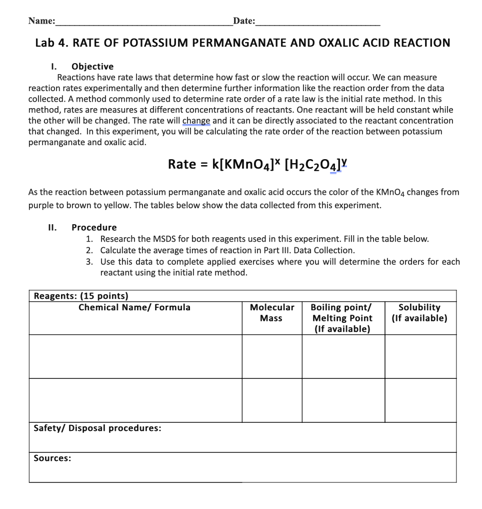 Solved Name: Date: Lab 4. RATE OF POTASSIUM PERMANGANATE AND | Chegg.com