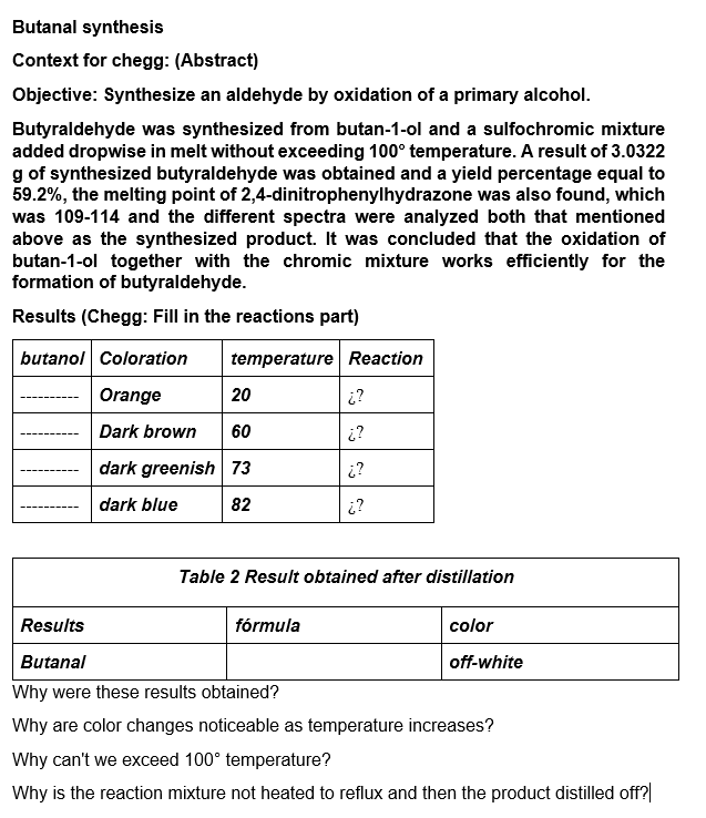 Solved Butanal synthesis Context for chegg: (Abstract) | Chegg.com
