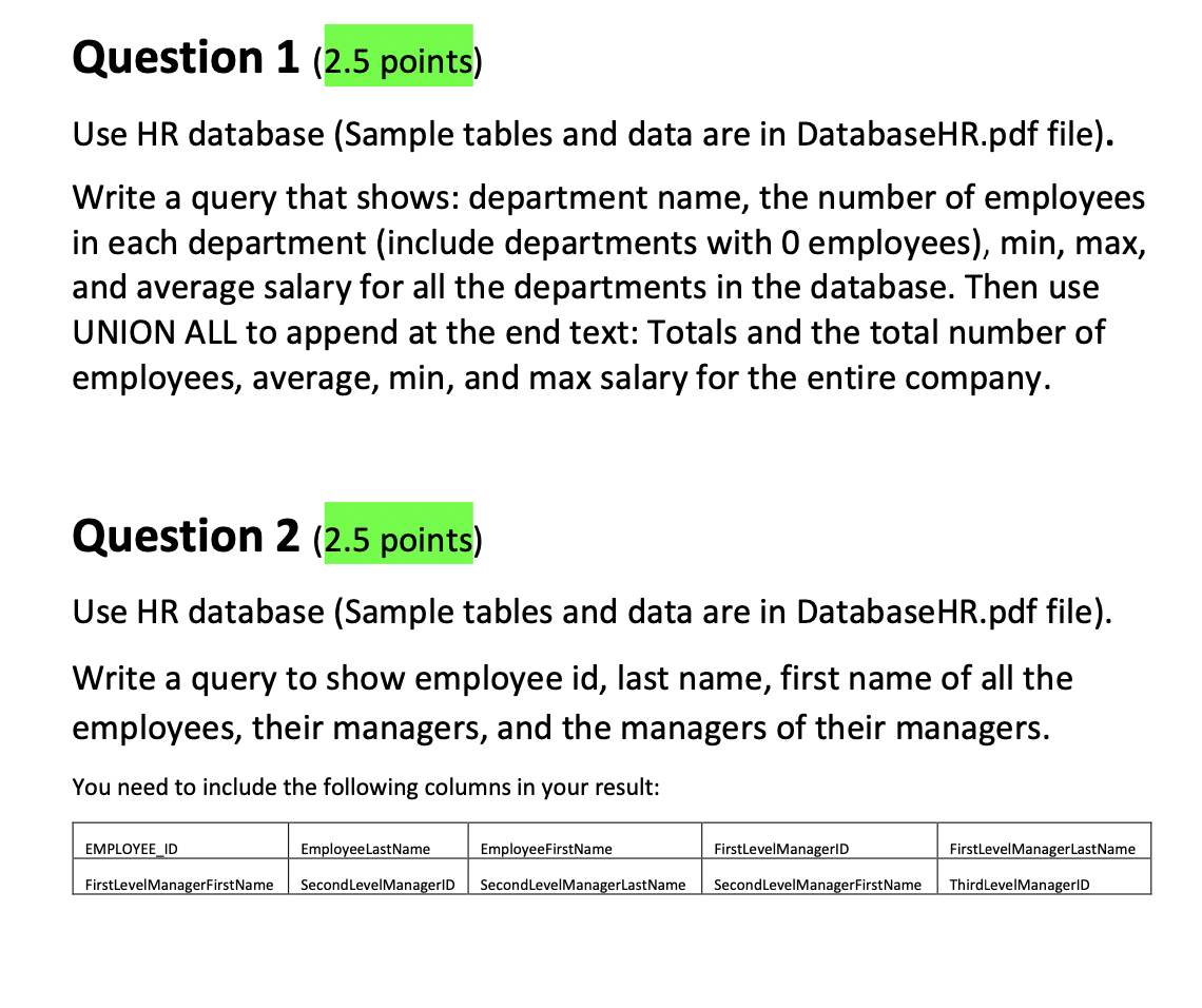 Solved Use HR database (Sample tables and data are in | Chegg.com