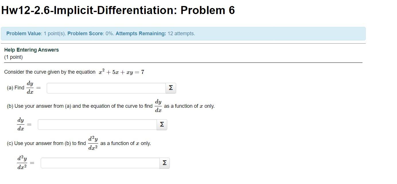 Solved Hw12-2.6-Implicit-Differentiation: Problem 6 Problem | Chegg.com