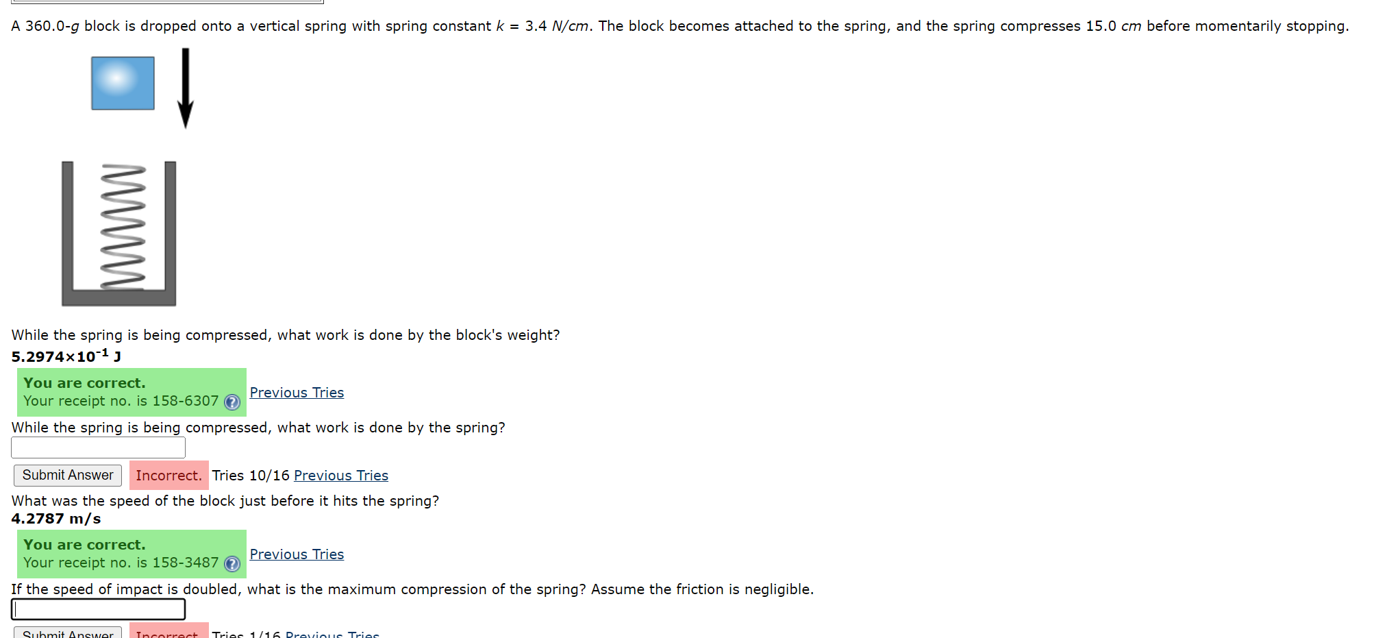 Solved A 360.0-g block is dropped onto a vertical spring | Chegg.com