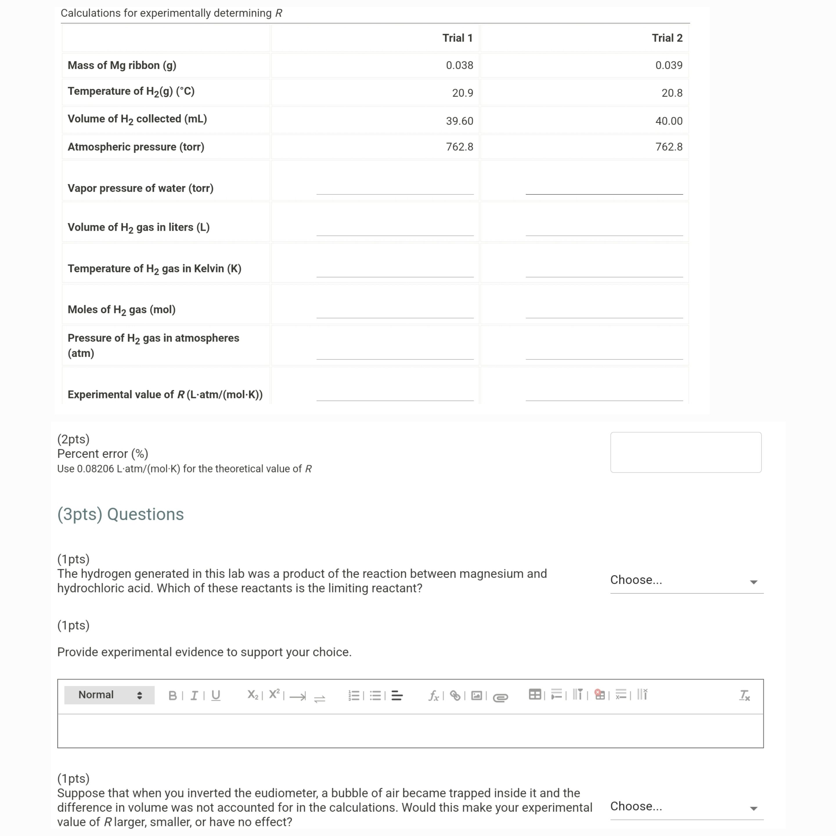 Solved Calculations for experimentally determining | Chegg.com