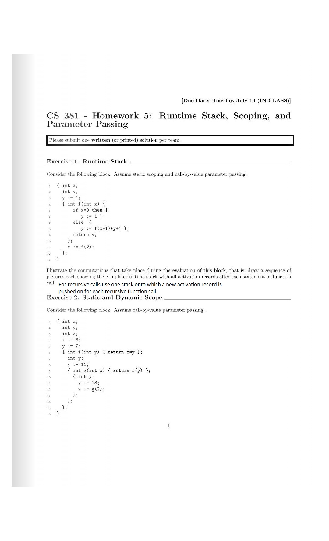 (Due Date: Tuesday, July 19 (IN CLASS)] CS 381 | Chegg.com
