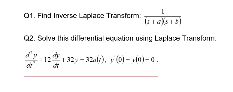 Solved Q1. Find Inverse Laplace Transform: (s+a)(s+b)1 Q2. | Chegg.com