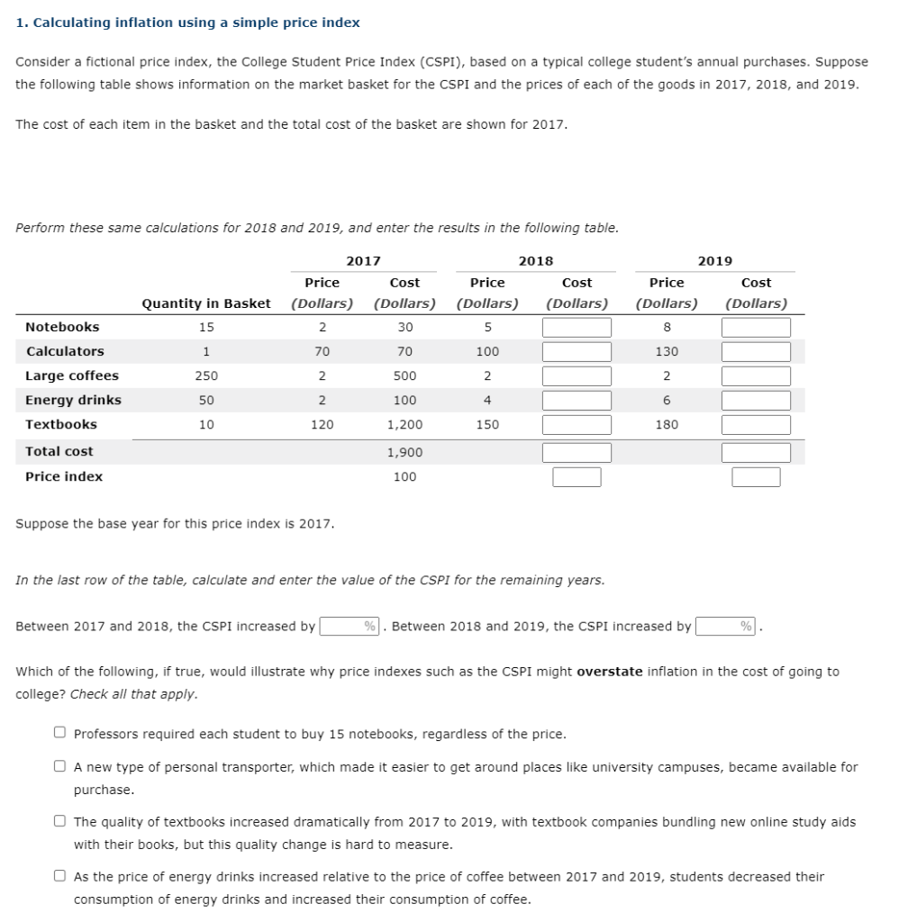 Solved 1. Calculating inflation using a simple price index | Chegg.com