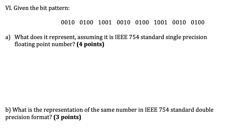 Solved VI. Given the bit pattern: a) What does it represent, | Chegg.com