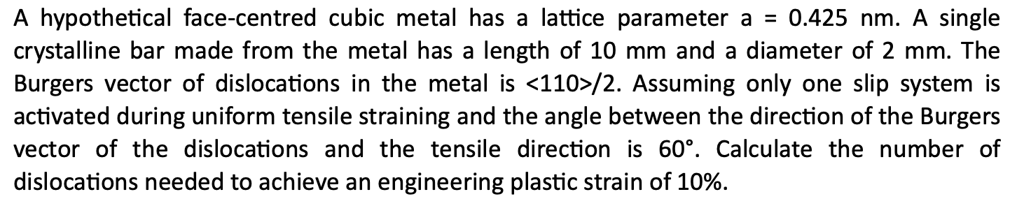 Solved A hypothetical face-centred cubic metal has a lattice | Chegg.com