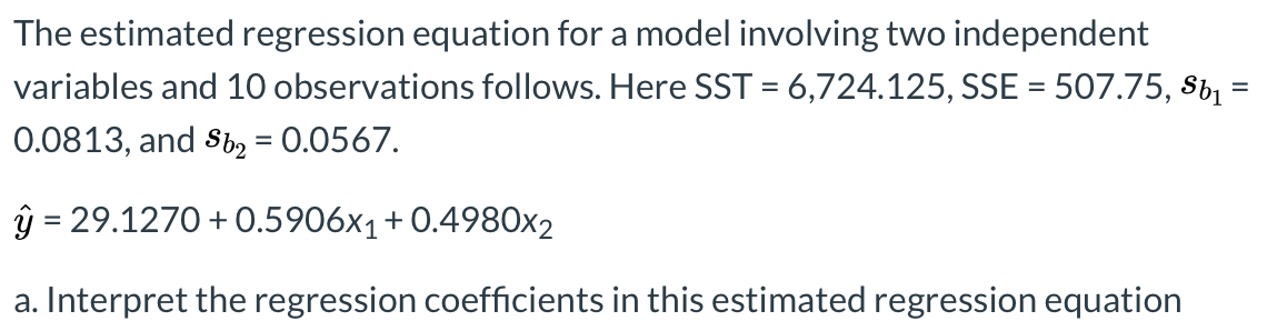 Solved The estimated regression equation for a model | Chegg.com