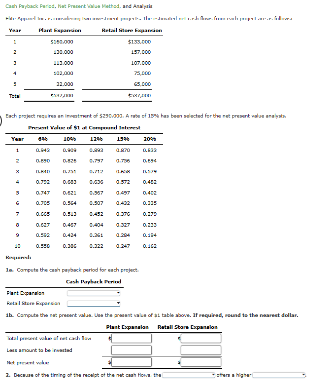 Cash Payback Period, Net Present Value Method, and | Chegg.com