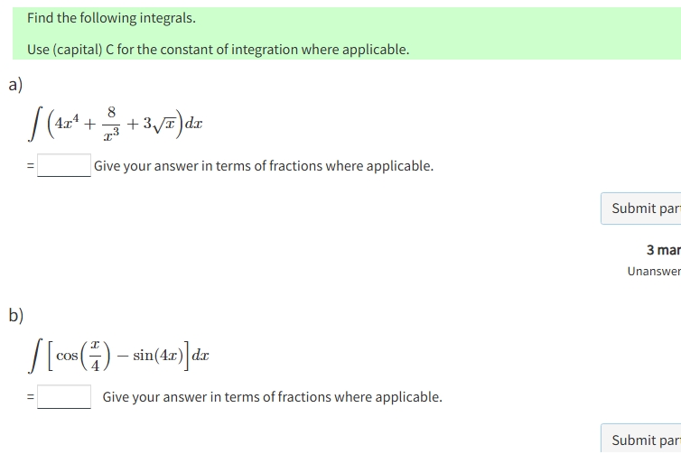 Solved Find the following integrals.Use (capital) C ﻿for the | Chegg.com