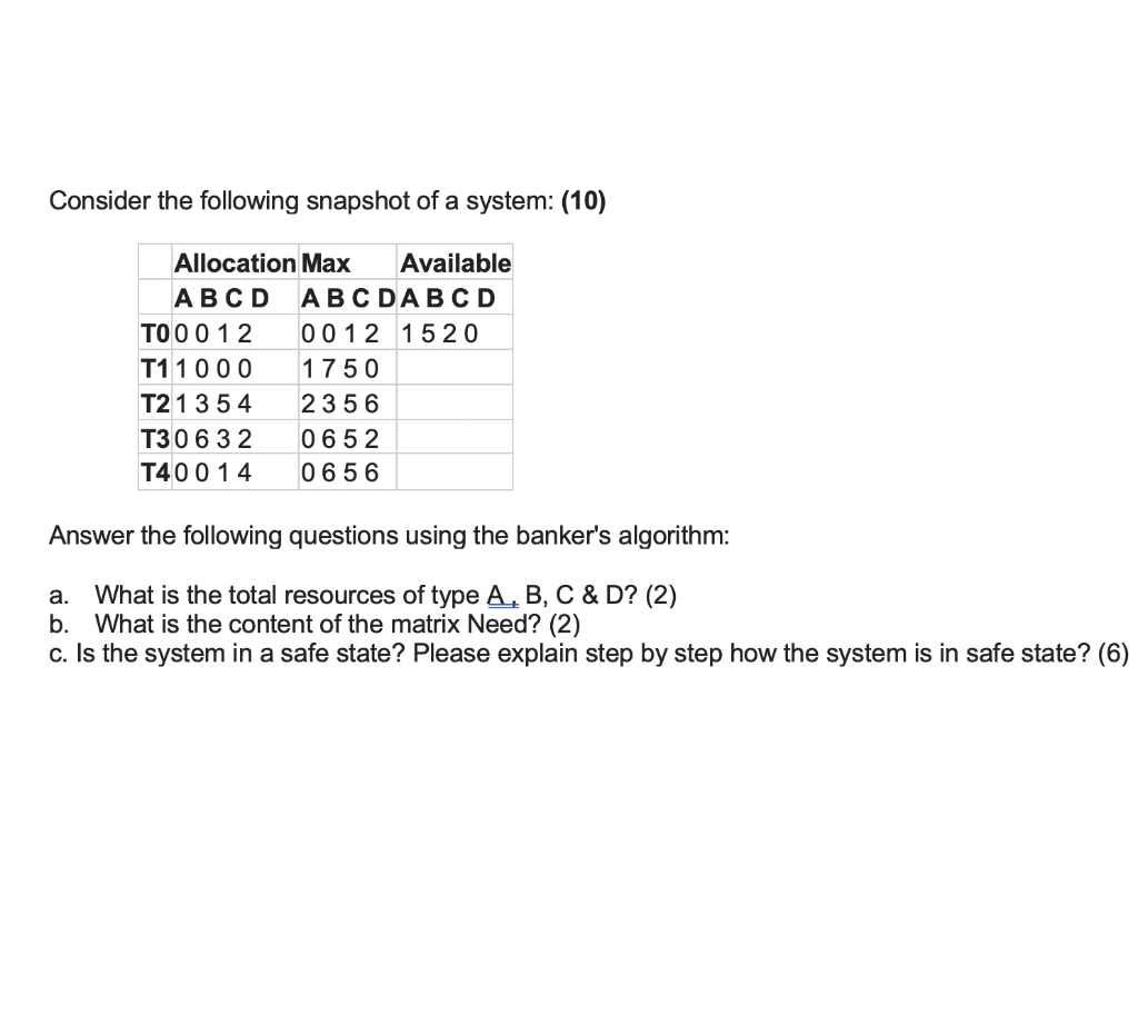 Solved Consider the following snapshot of a system: (10) | Chegg.com