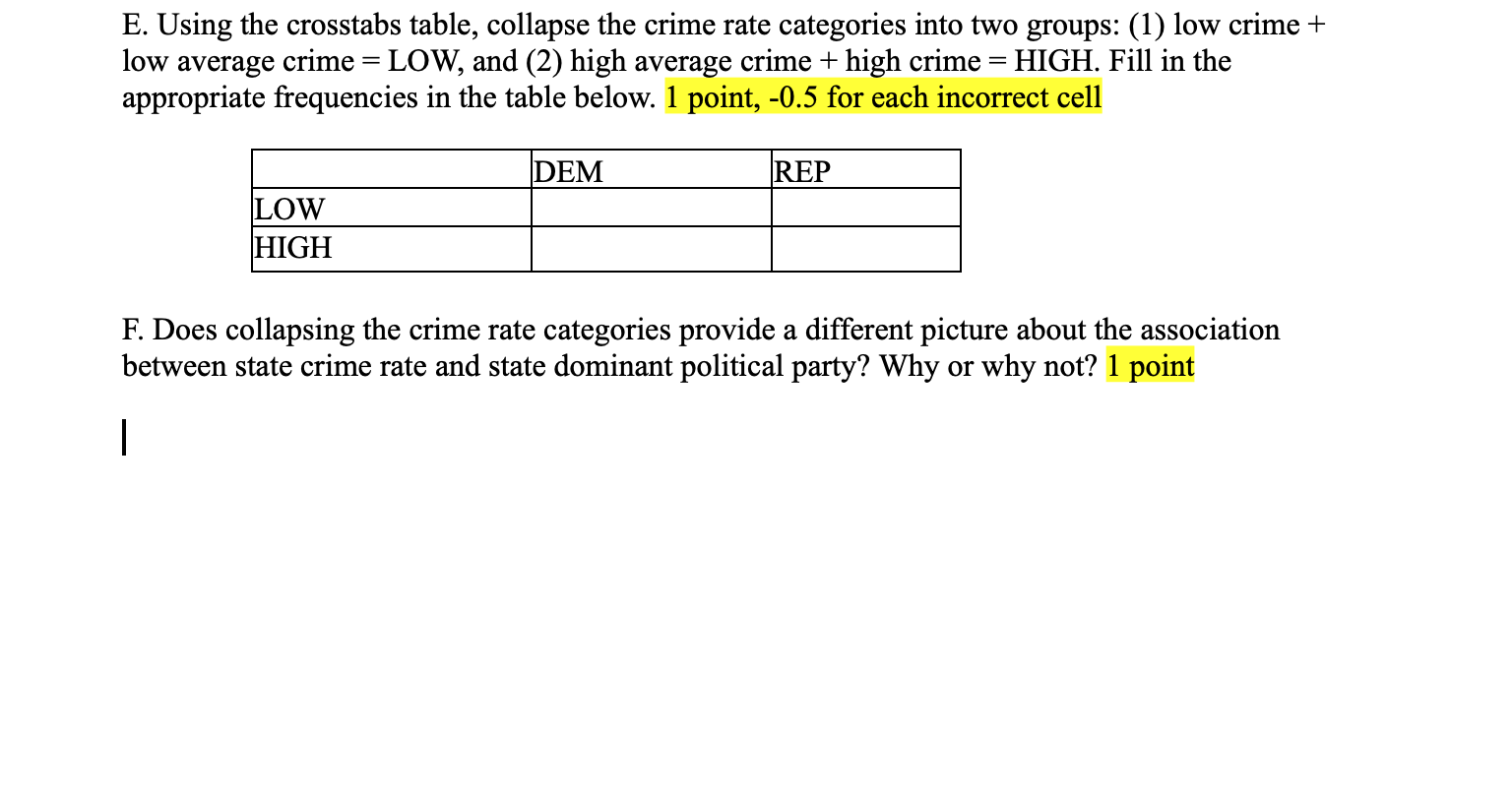 Solved E. Using the crosstabs table, collapse the crime rate | Chegg.com