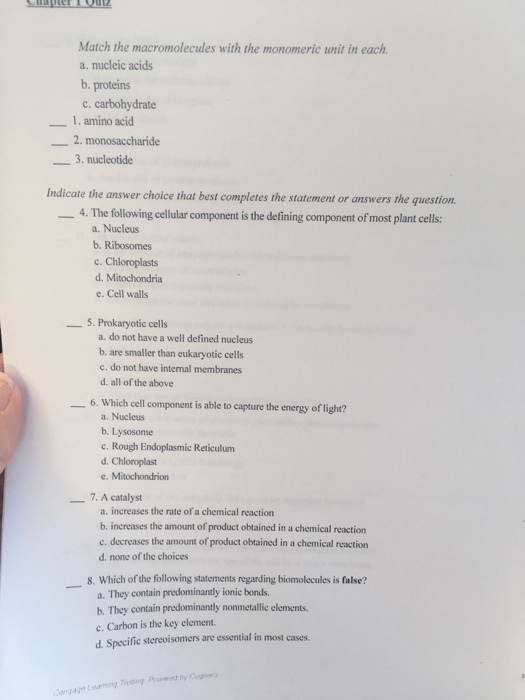 Solved Match the macromolecules with the monomeric unit in | Chegg.com