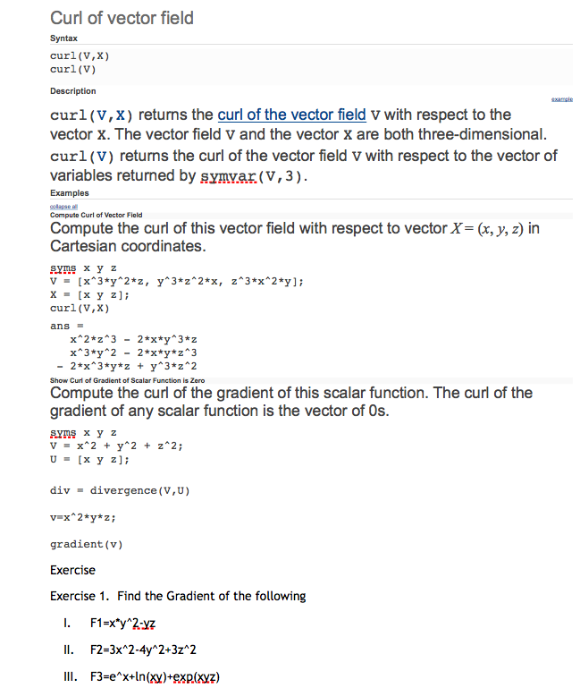 Solved Curl of vector field Syntax curl(v,x) curl(V) | Chegg.com