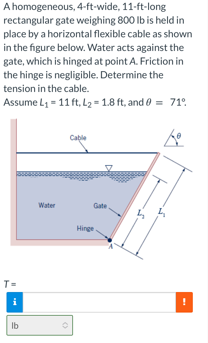 Solved A homogeneous, 4 -ft-wide, 11-ft-longrectangular gate | Chegg.com