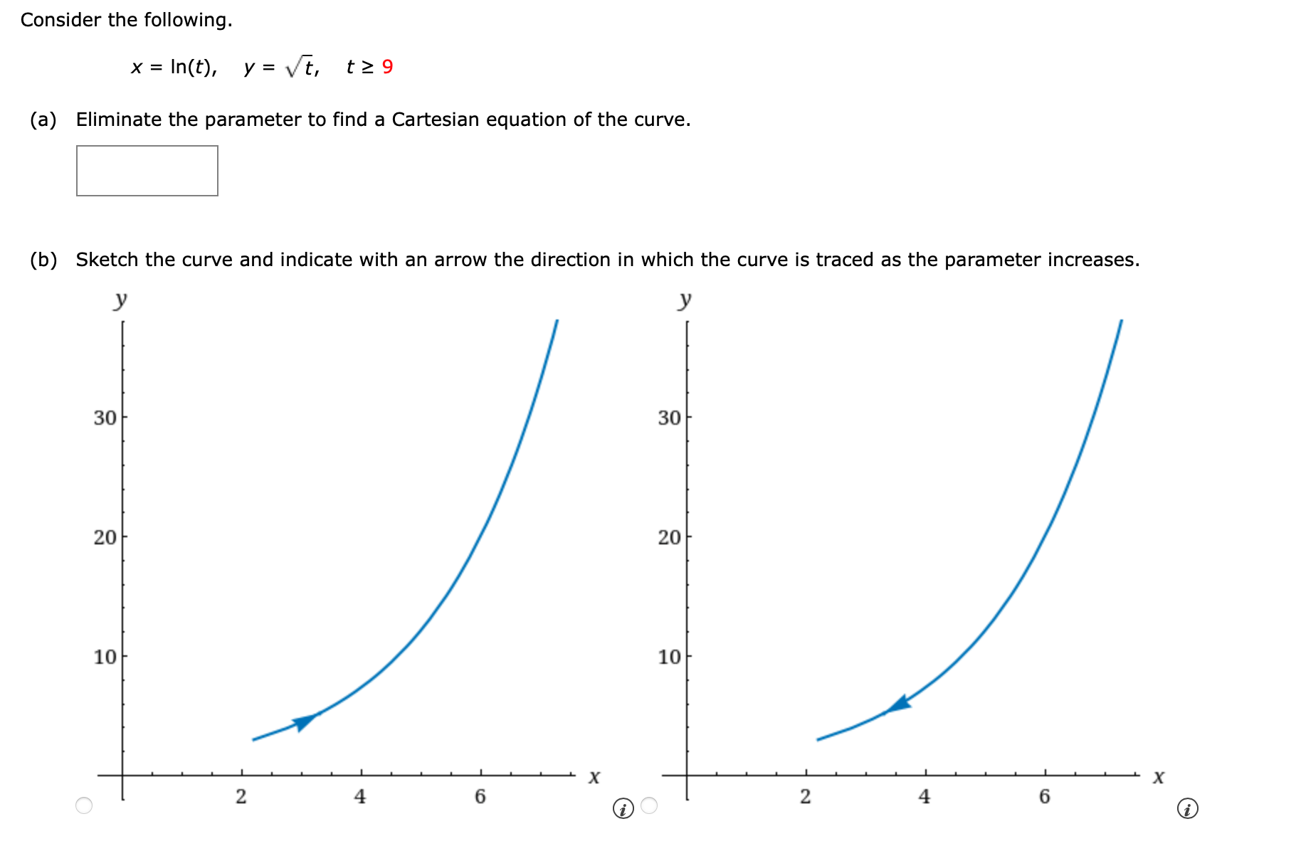 Solved Consider the following. x=ln(t),y=t,t≥9 (a) Eliminate | Chegg.com
