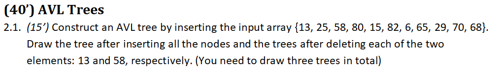 Solved (40') AVL Trees 2.1. (15') Construct an AVL tree by | Chegg.com