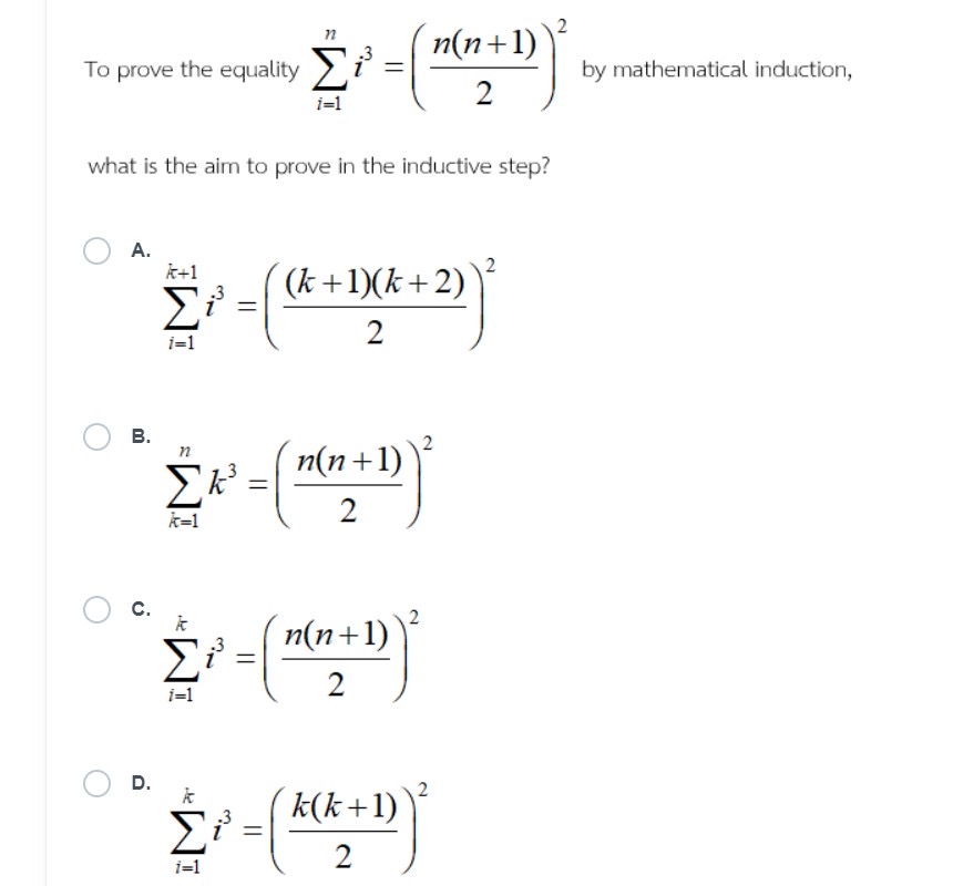 Solved To prove the equality ∑i=1ni3=(2n(n+1))2 by | Chegg.com