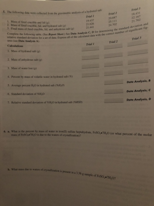 Solved Experiment 5 Prelaboratory Assignment Percent Water | Chegg.com