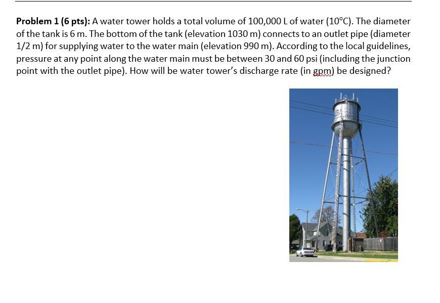 Solved Problem 1 (6 pts): A water tower holds a total volume | Chegg.com