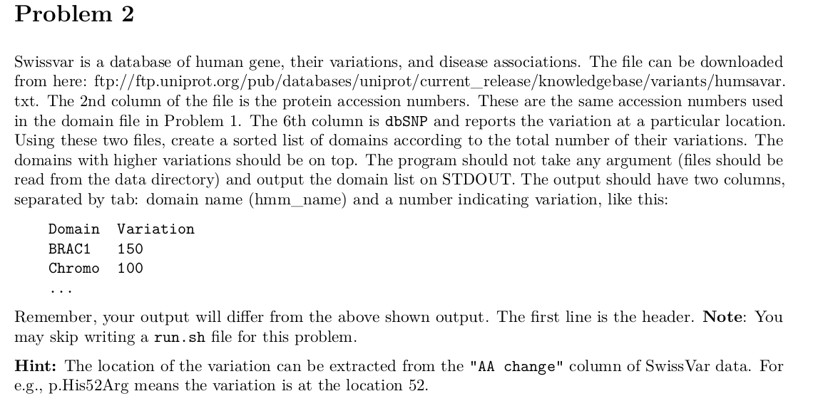 Problem 2 Swissvar is a database of human gene, their | Chegg.com