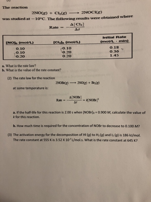 Solved The reaction 2NO(g) + C12(g) 2NOCİ(g) was studied at | Chegg.com